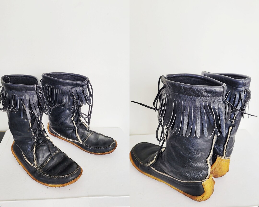 Vintage First Nation Huron Mukluks Black Fringed Leather Boots - Etsy