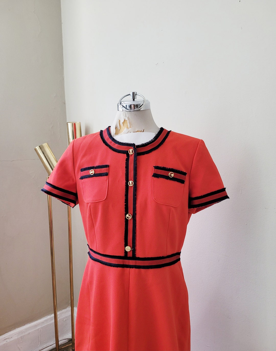 Vintage 90s Sandra Angelozzi Dress, Red and Dark Blue With Goldtone ...