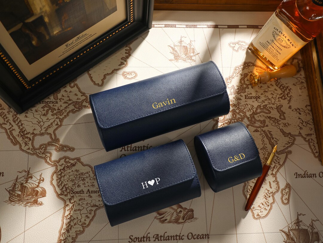 Travel Watch Box, Personalized Blue Leather Watch Roll Storage Case, 3 ...