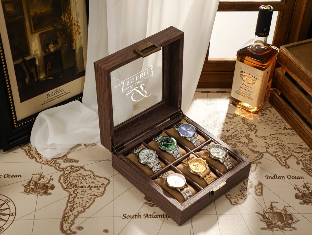 Personalized Brown Leather Watch Box, Customized 6 Slot Watch Storage ...