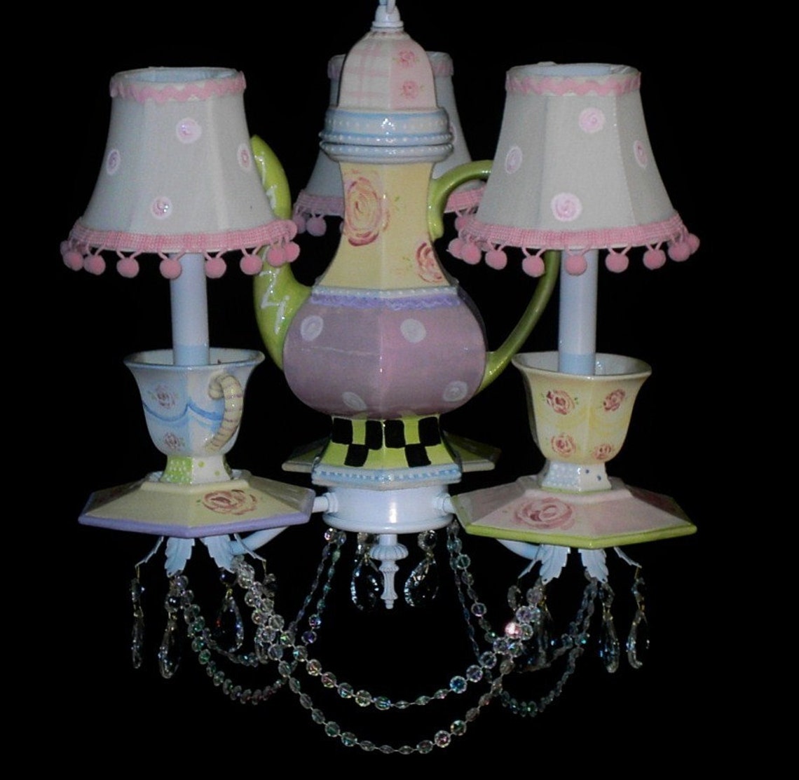 Teapot Chandelier Tea Cups and Saucers Chandelier Shabby | Etsy