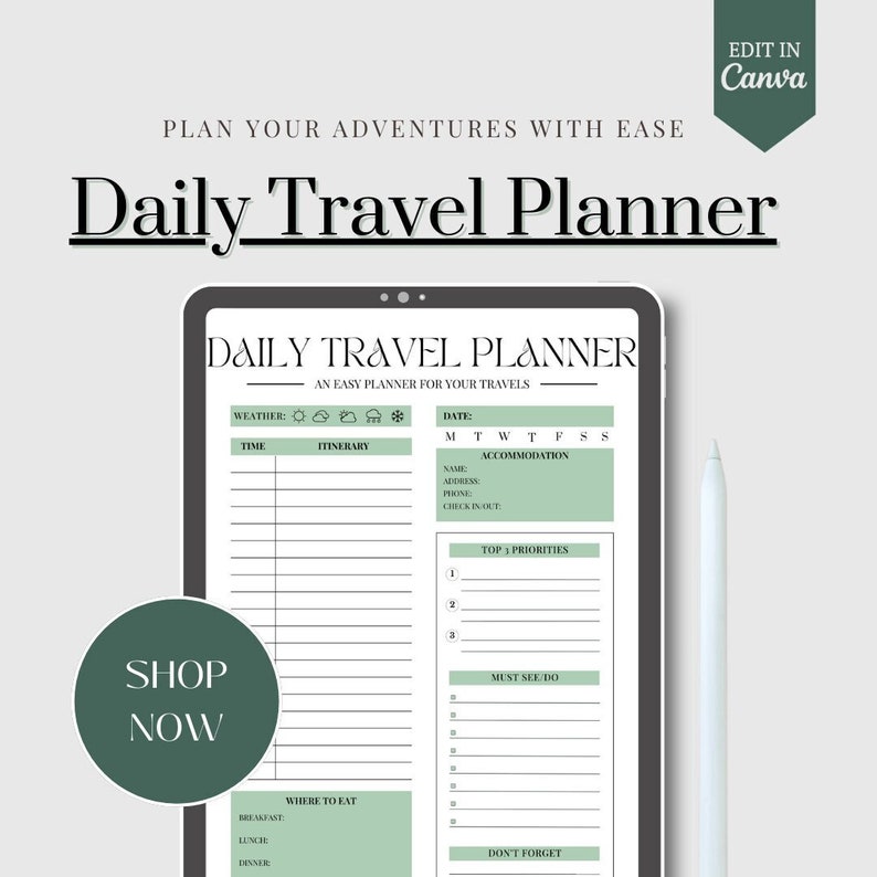 Daily Travel Itinerary | Travel Itinerary Template | Vacation Organizer ...