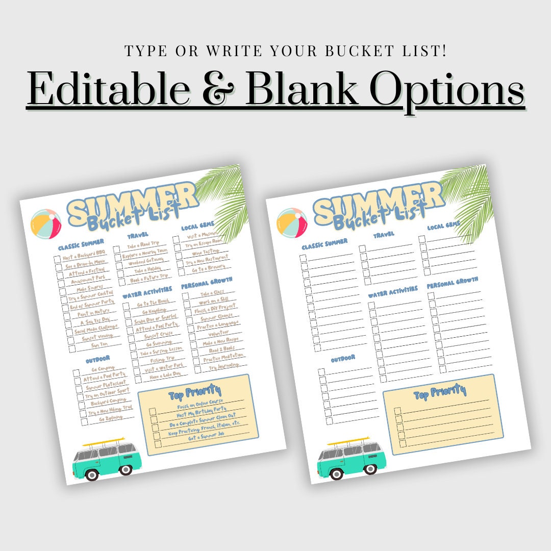 Summer Bucket List Printable | Editable Summer Bucket List | Summer Fun ...