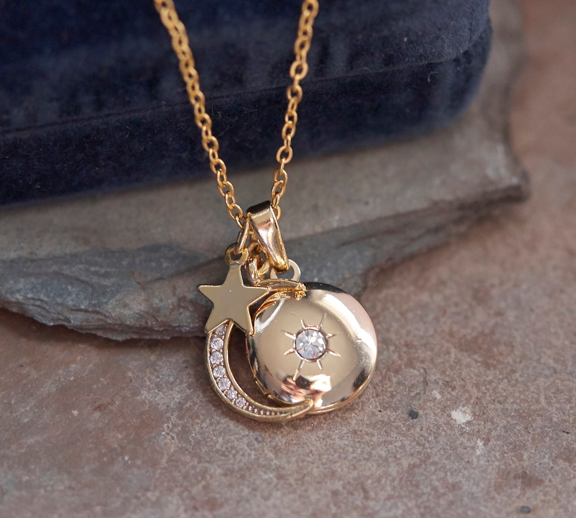 Moon necklace Locket necklace Photo locket Celestial | Etsy