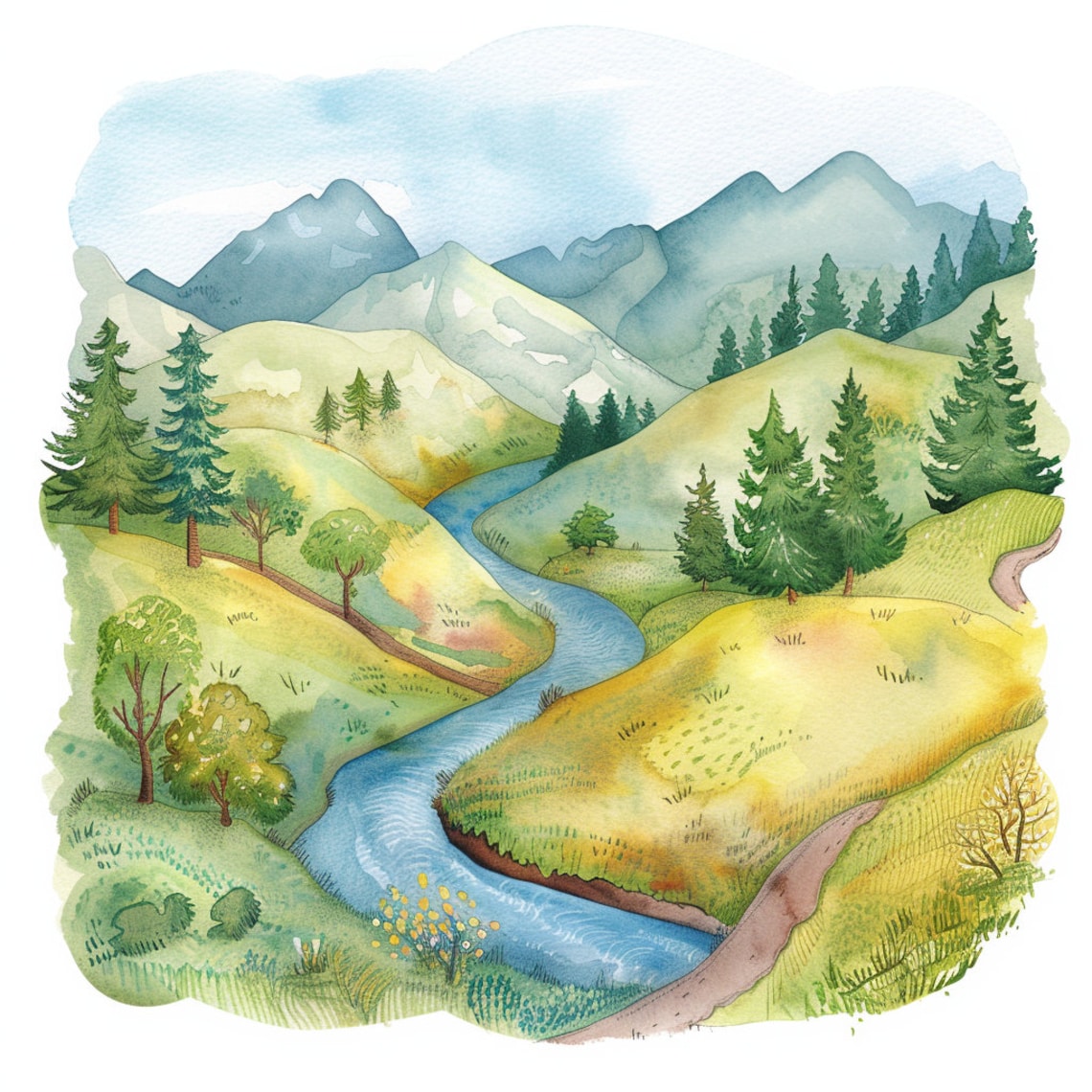 Mountains Valley River Landscape Clipart Set White Background, Card ...