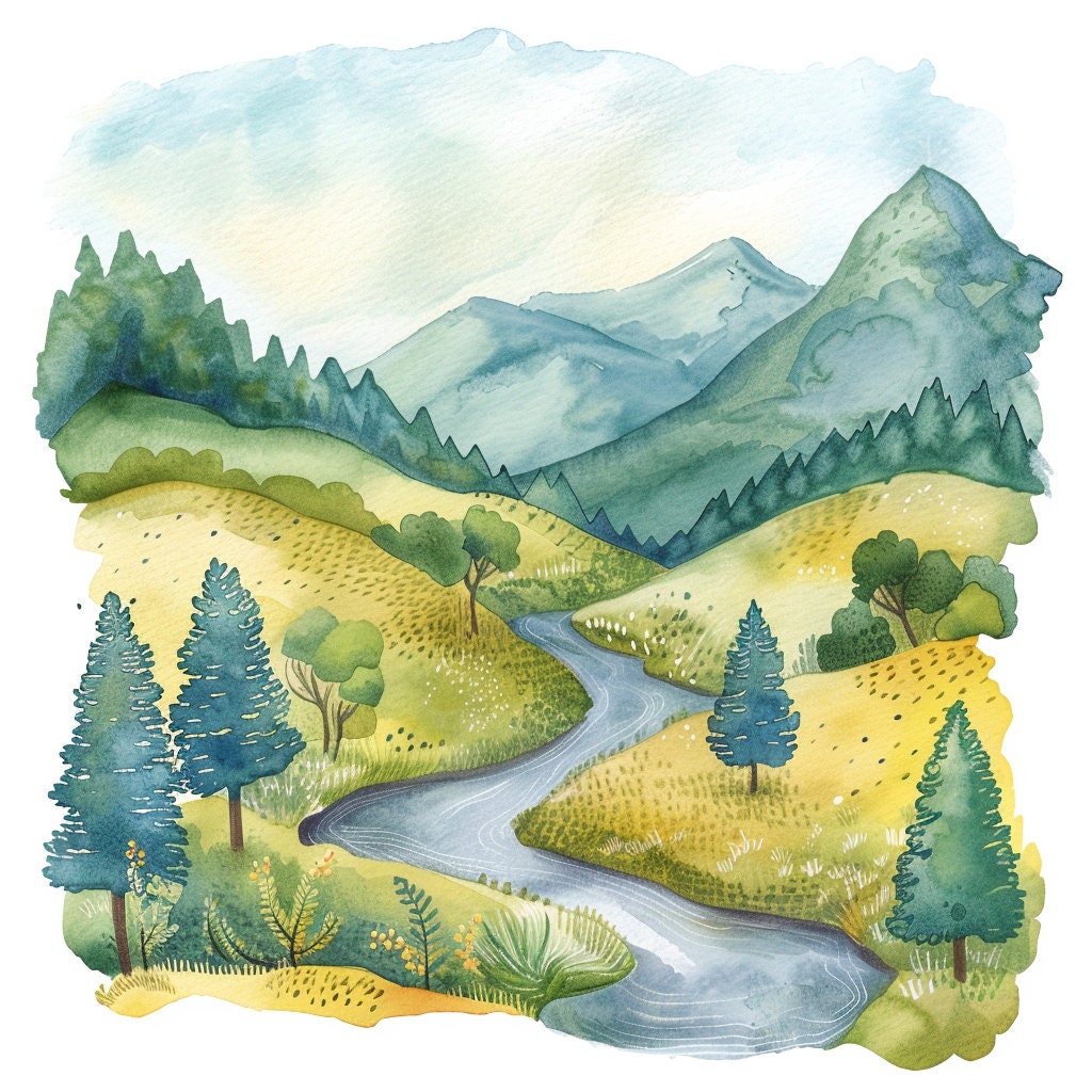 Mountains Valley River Landscape Clipart Set White Background, Card ...