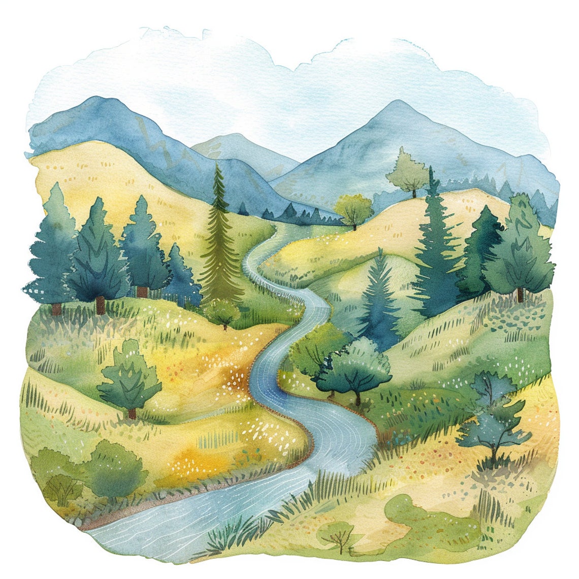 Mountains Valley River Landscape Clipart Set White Background, Card ...