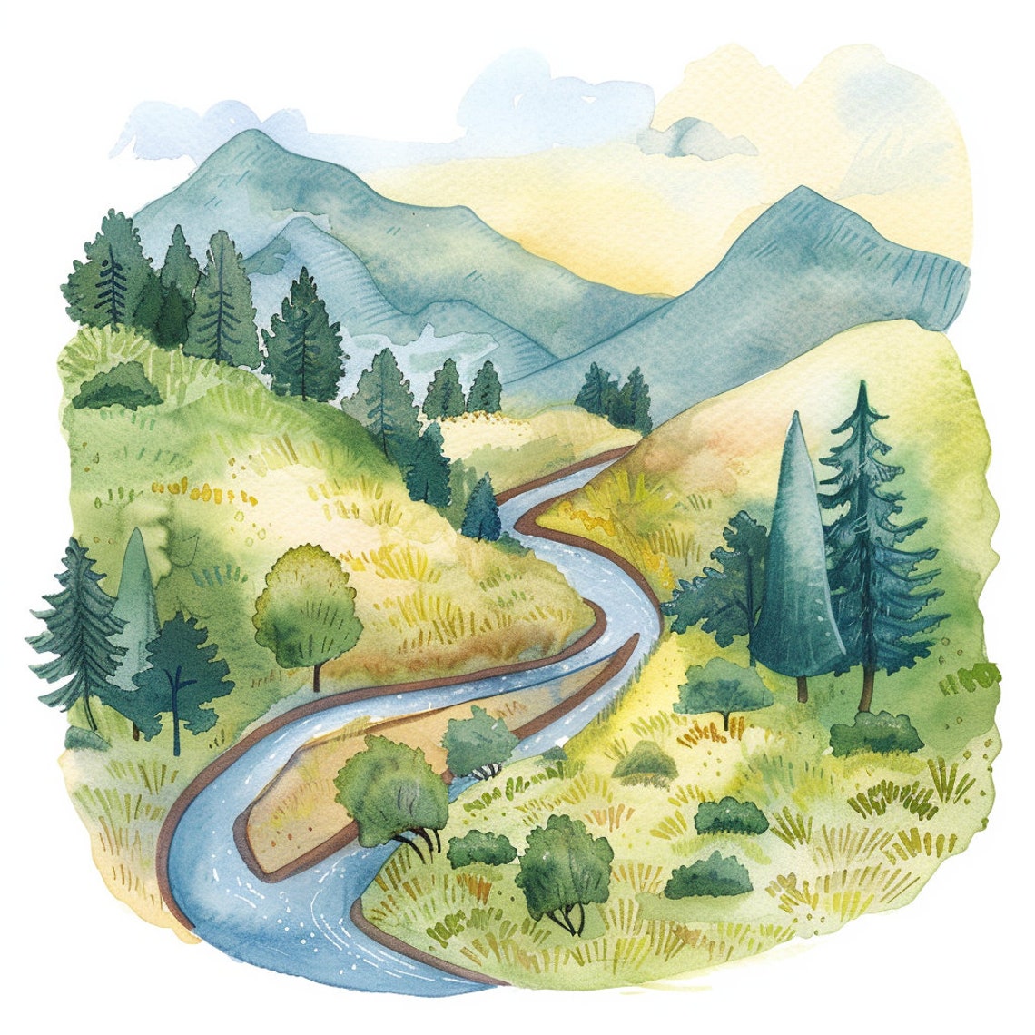 Mountains Valley River Landscape Clipart Set White Background, Card ...