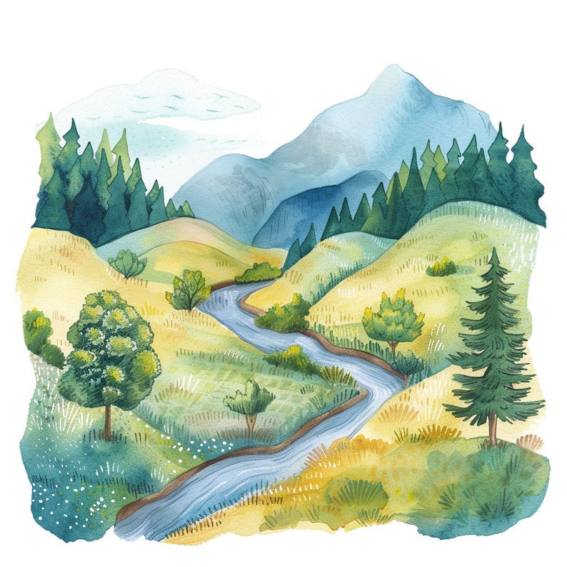 Mountains Valley River Landscape Clipart Set White Background, Card ...