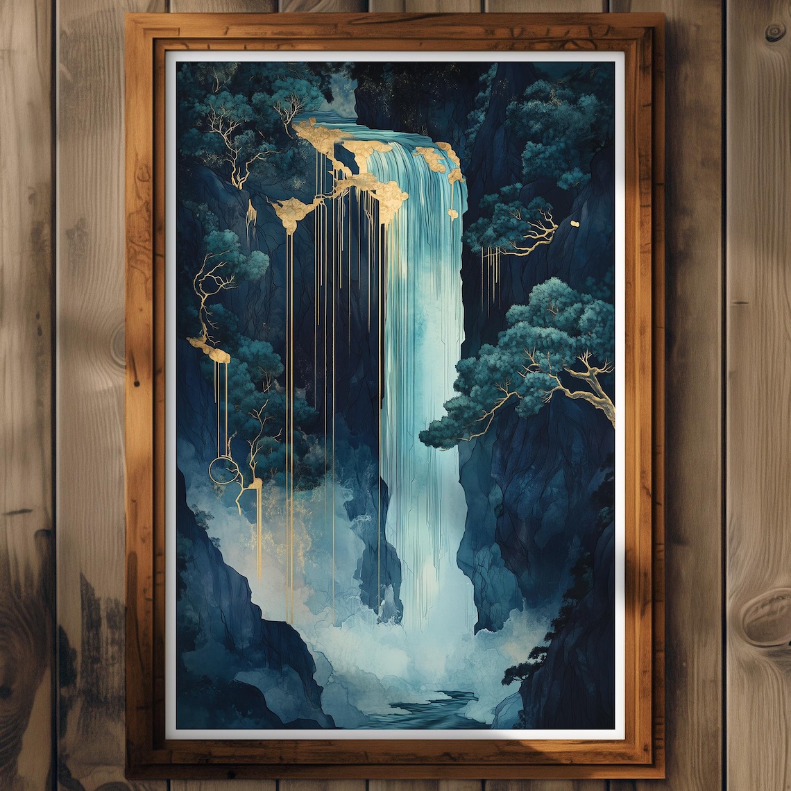 Waterfall Wall Art Print, Japanese Ukiyo-e Artwork, Gold, Blue, Silver ...