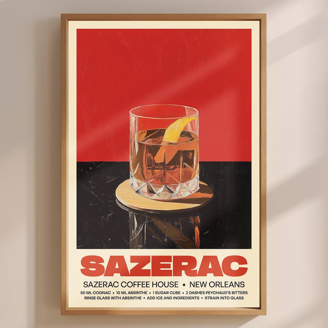 Sazerac Cocktail Print, Vintage Wall Art, Retro Whiskey Bar Poster ...