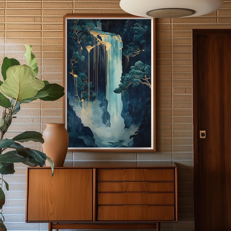 Waterfall Wall Art Print, Japanese Ukiyo-e Artwork, Gold, Blue, Silver ...
