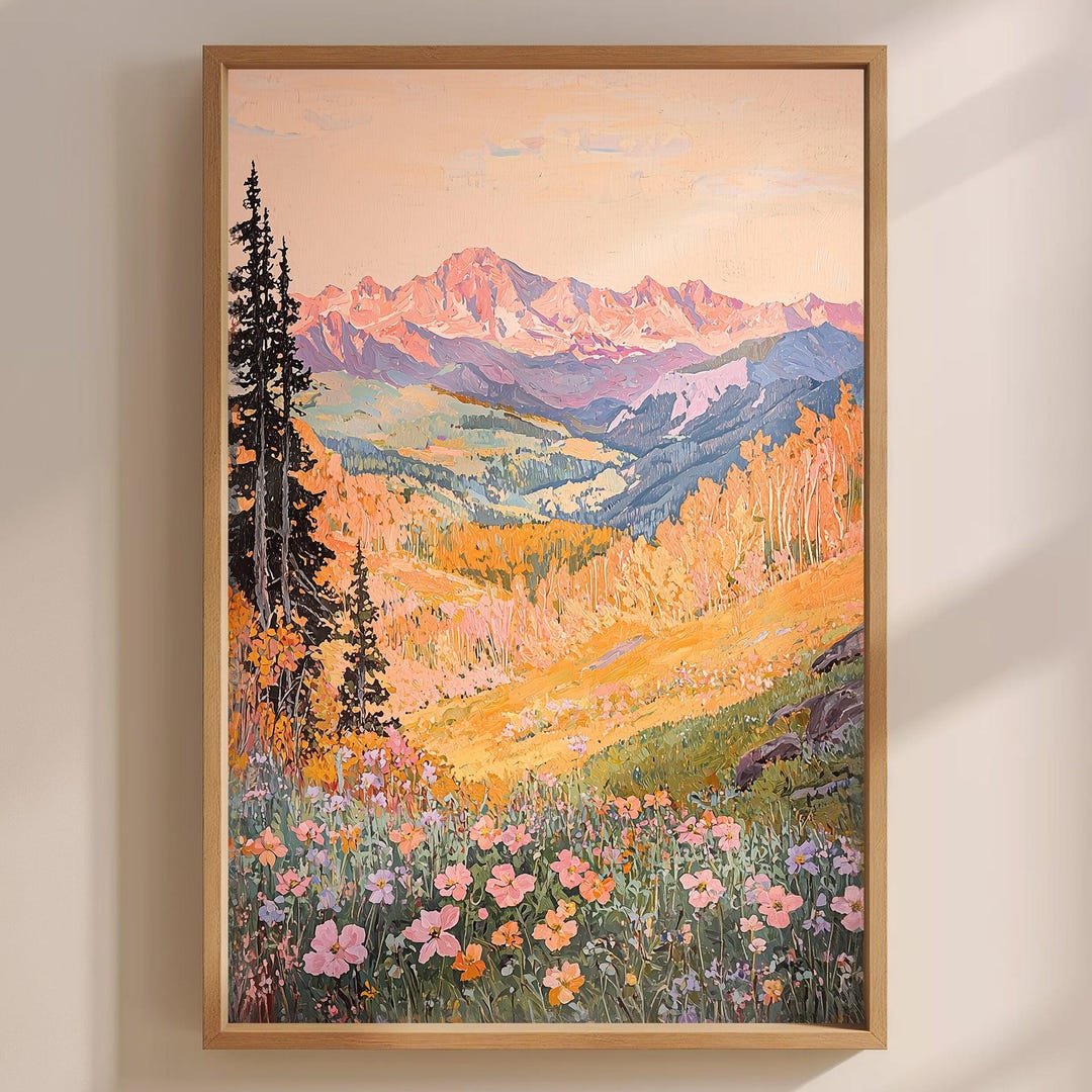 Pink Peaks Wildflower Painting, Vintage Landscape Art Print, Rocky Mountain National Park Wall ...