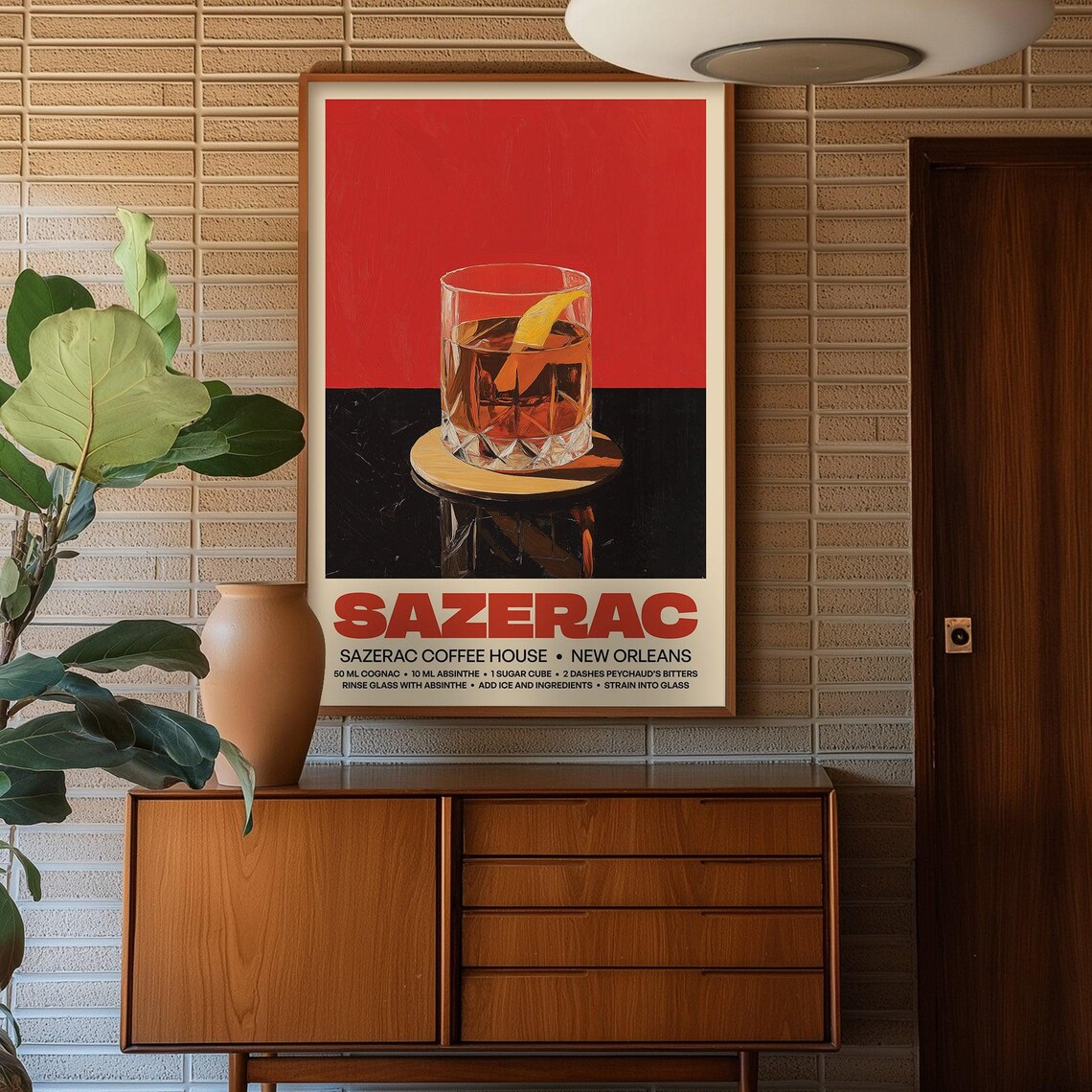 Sazerac Cocktail Print, Vintage Wall Art, Retro Whiskey Bar Poster ...
