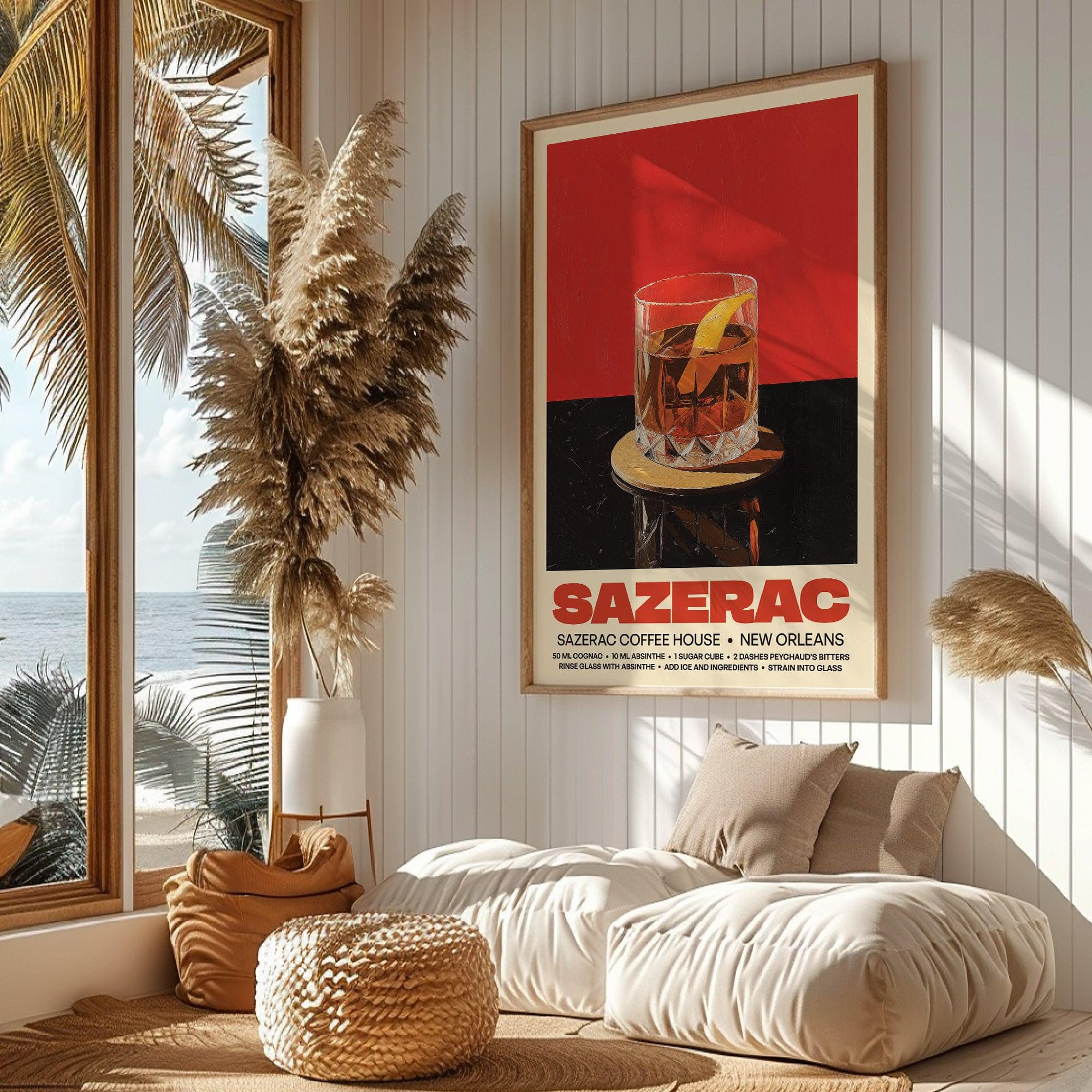 Sazerac Cocktail Print, Vintage Wall Art, Retro Whiskey Bar Poster ...