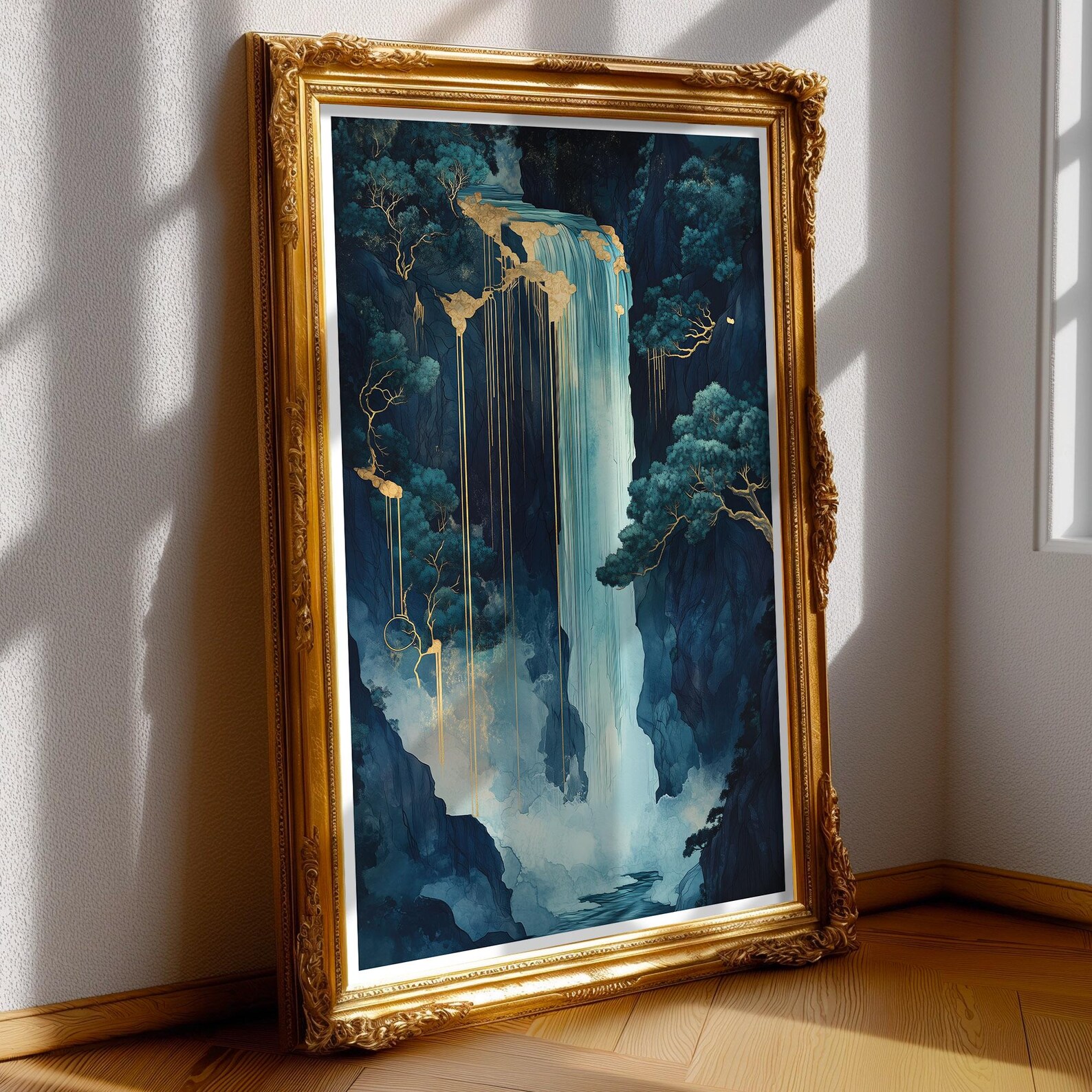 Waterfall Wall Art Print, Japanese Ukiyo-e Artwork, Gold, Blue, Silver ...