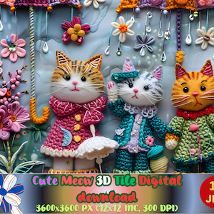 3D Cute Meow Tile Pattern Paper, Crochet and Knitted Style, Digital ...