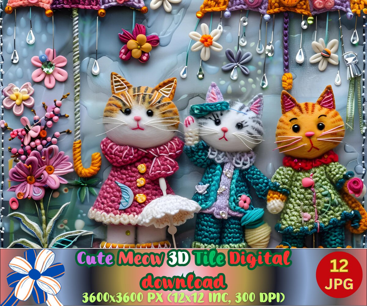 3D Cute Meow Tile Pattern Paper, Crochet and Knitted Style, Digital ...