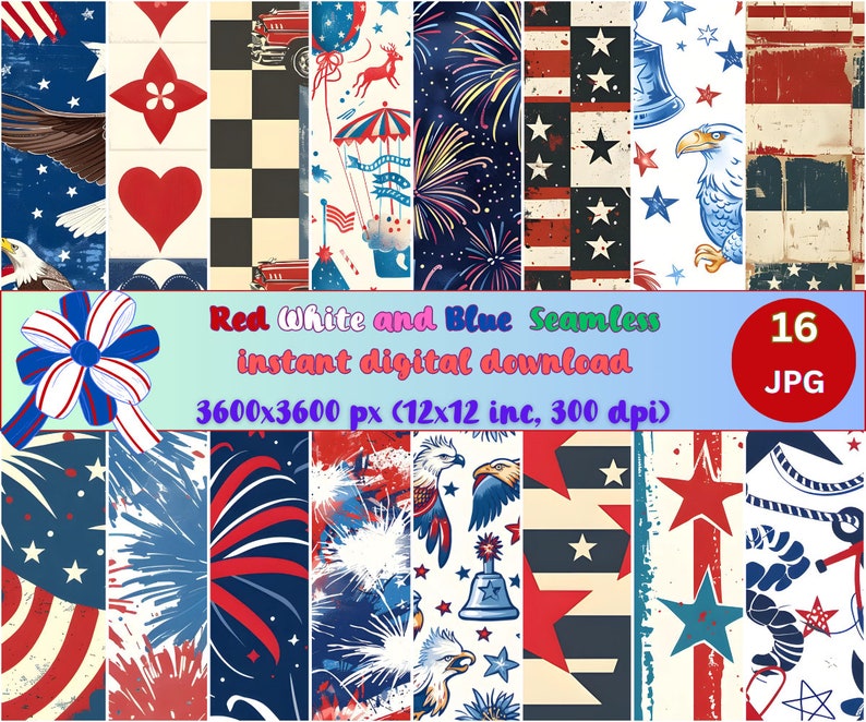 Red, White and Blue Digital Paper Set Seamless Patterns, Instant ...