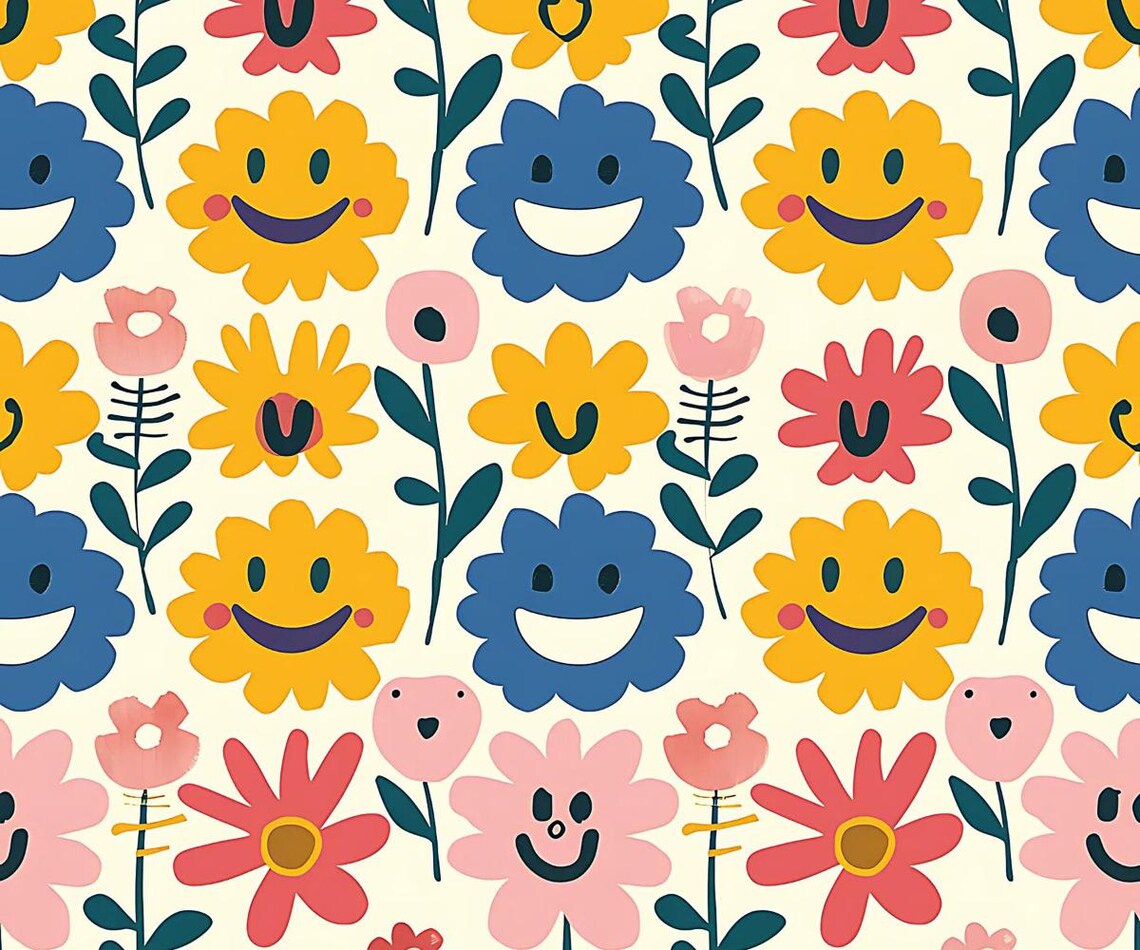 Retro Digital Papers,groovy Smiley Face Seamless Pattern,cute Smiley ...