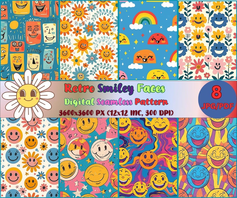 Retro Digital Papers,groovy Smiley Face Seamless Pattern,cute Smiley ...