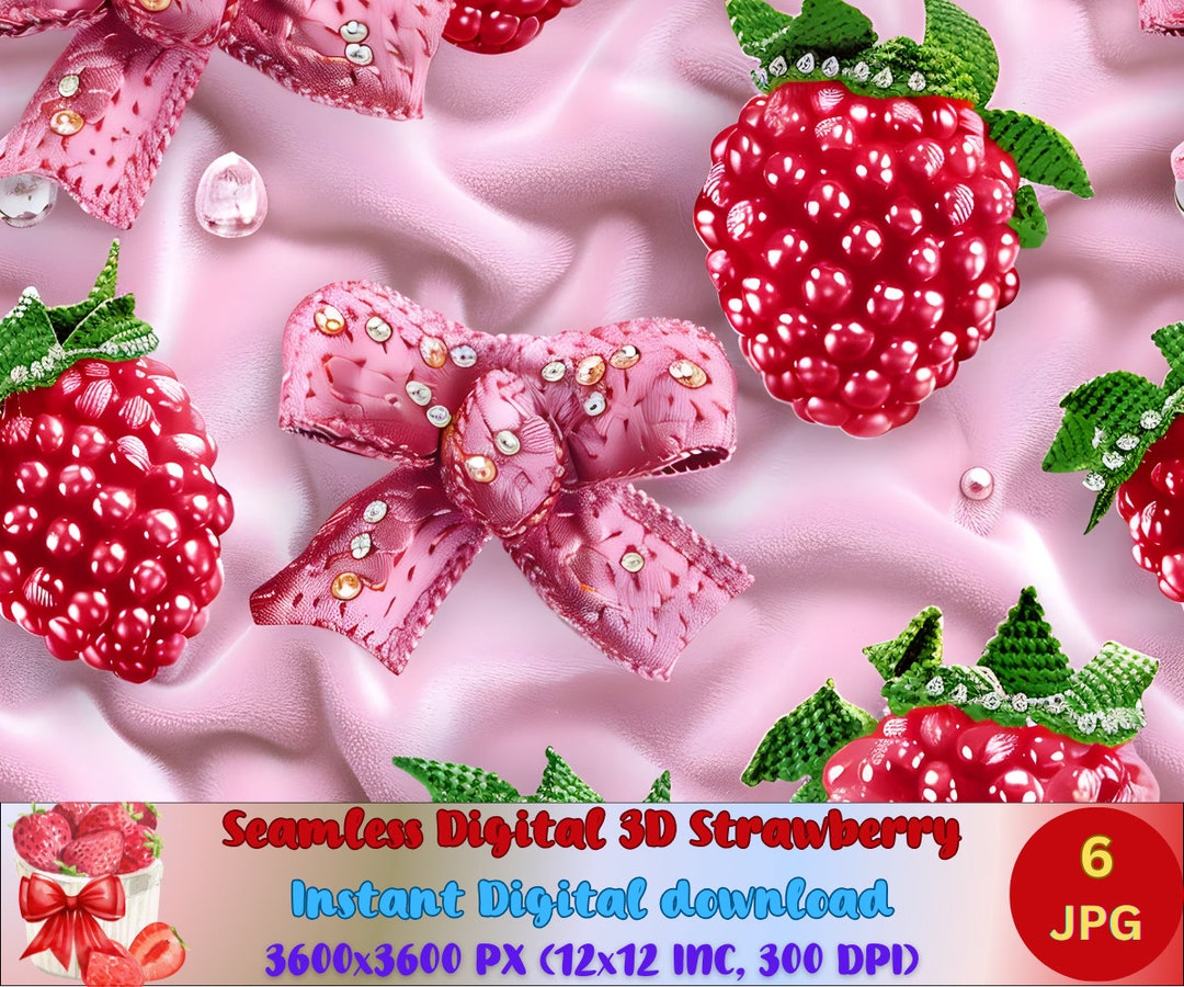 Seamless Digital 3D Strawberry Pattern, Strawberries With Pink Bow ...
