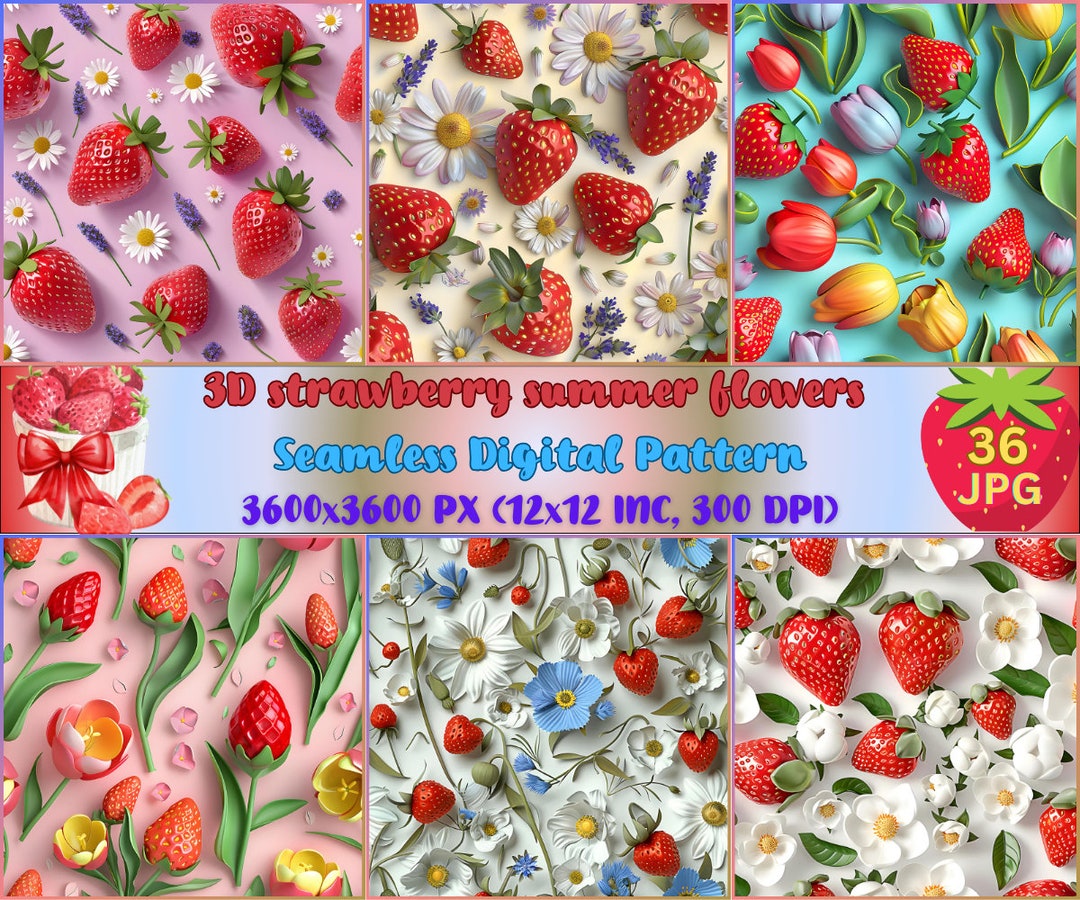 3D Strawberry Summer Flowers Seamless Repeating Pattern Fabric ...