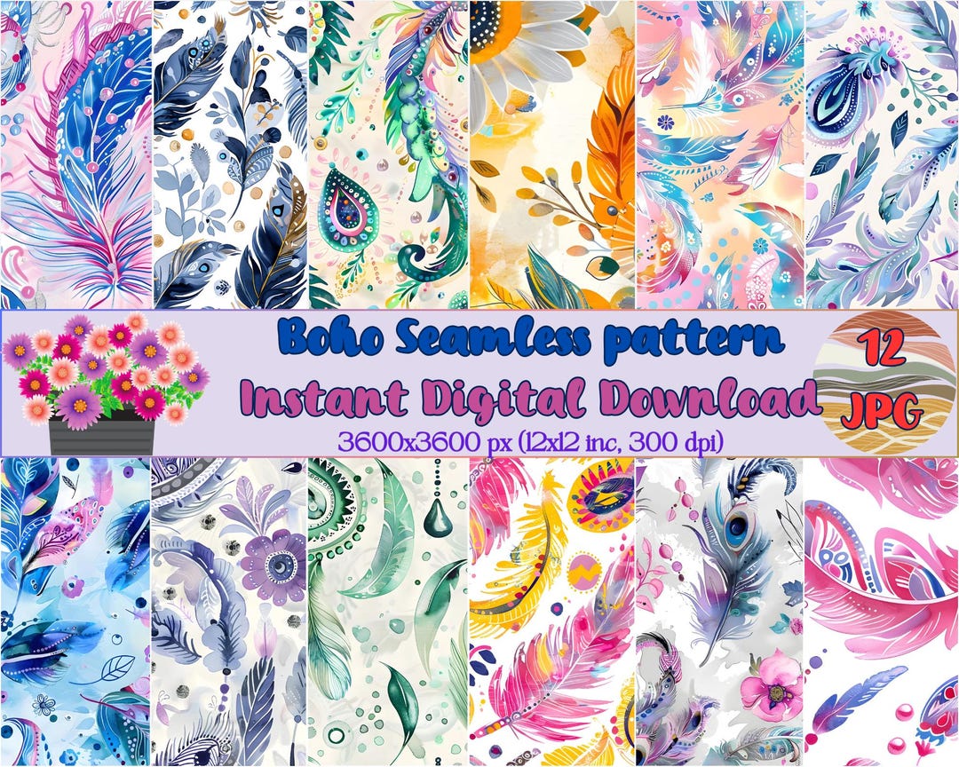 Boho Musterdesign: Feder-Designs, 12 JPG Dateien (Digitaler Download ...