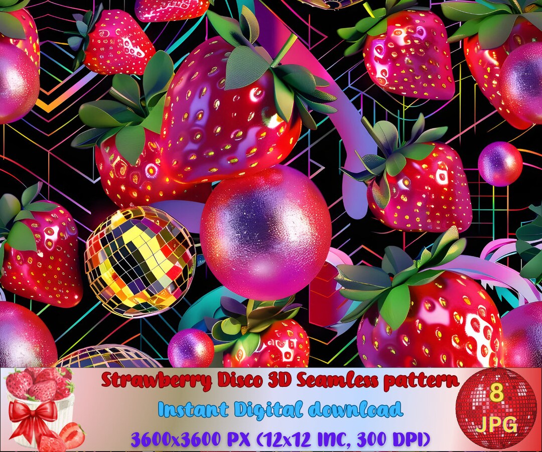 Strawberry Disco 3D Seamless Pattern, Digital Cute Summer Spring ...