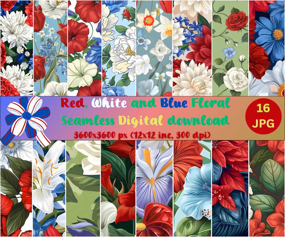 16 Red, White, and Blue Floral Seamless Digital Download Patterns ...