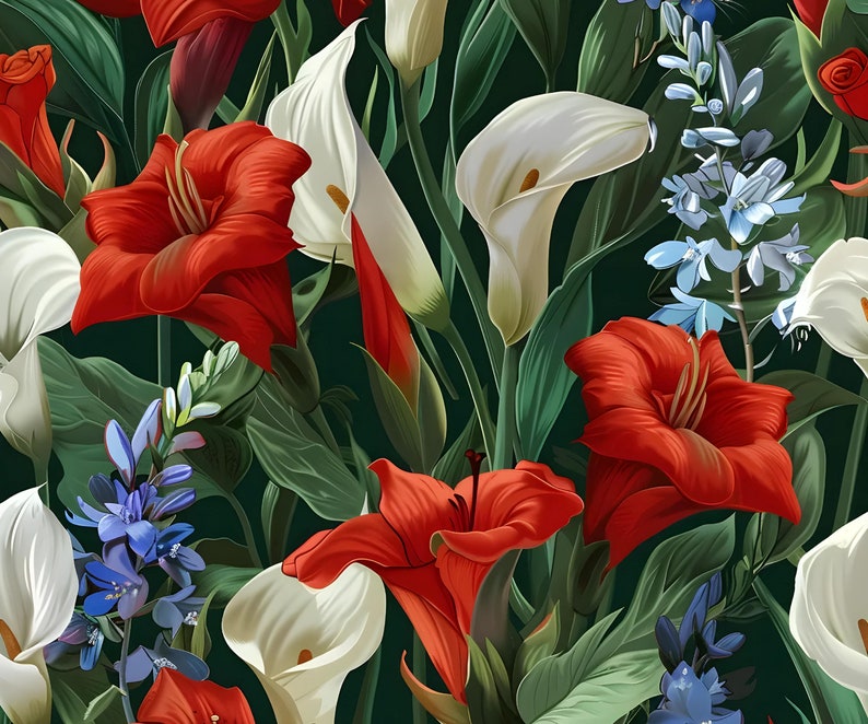 16 Red, White, and Blue Floral Seamless Digital Download Patterns ...