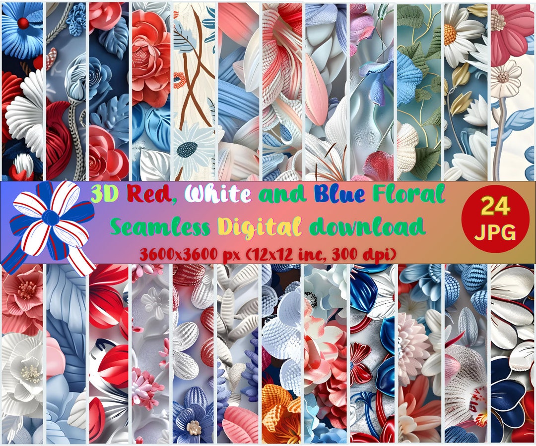 3D Red, White, and Blue Floral Seamless Pattern, Fourth of July Floral ...