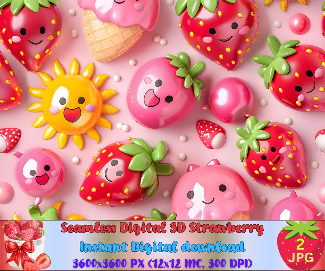 Summer Sweet Ice Cream Strawberries 3D Seamless Pattern, Strawberry ...