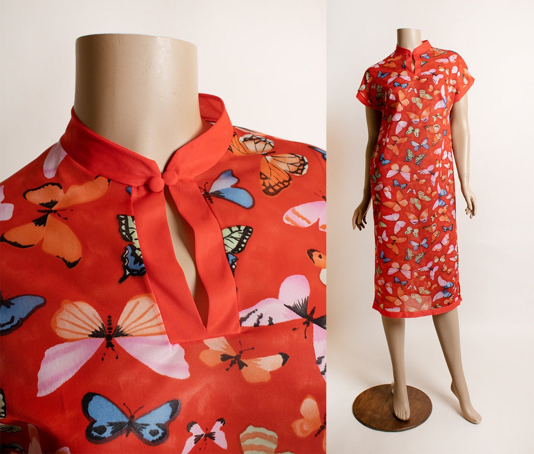 Vintage 1960s Butterfly Print Slip Dress - 60s Vanity Fair Red ...