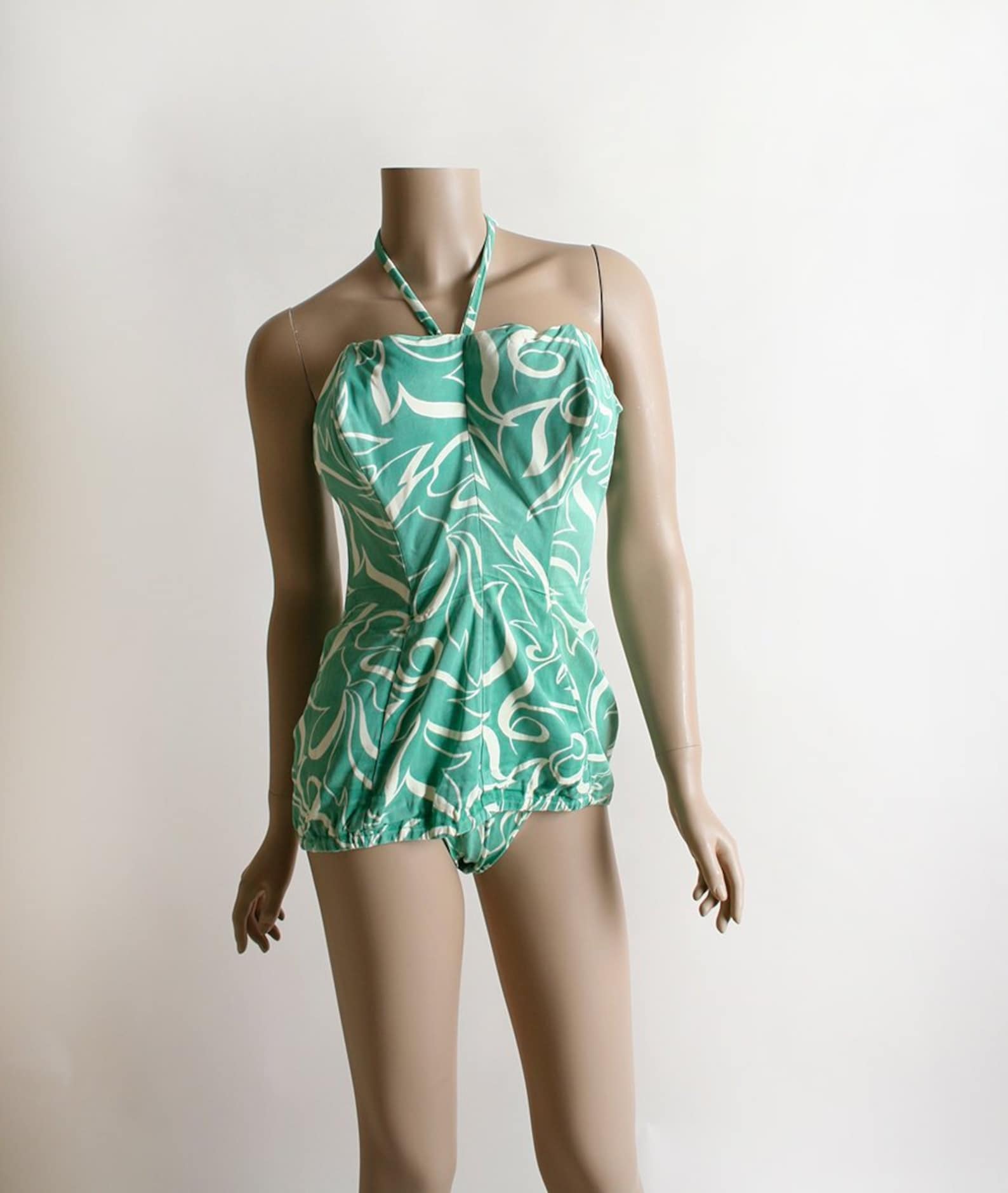 Vintage 1940s Bathing Suit - 1950s Mint Jade Green & White Swirl Print ...