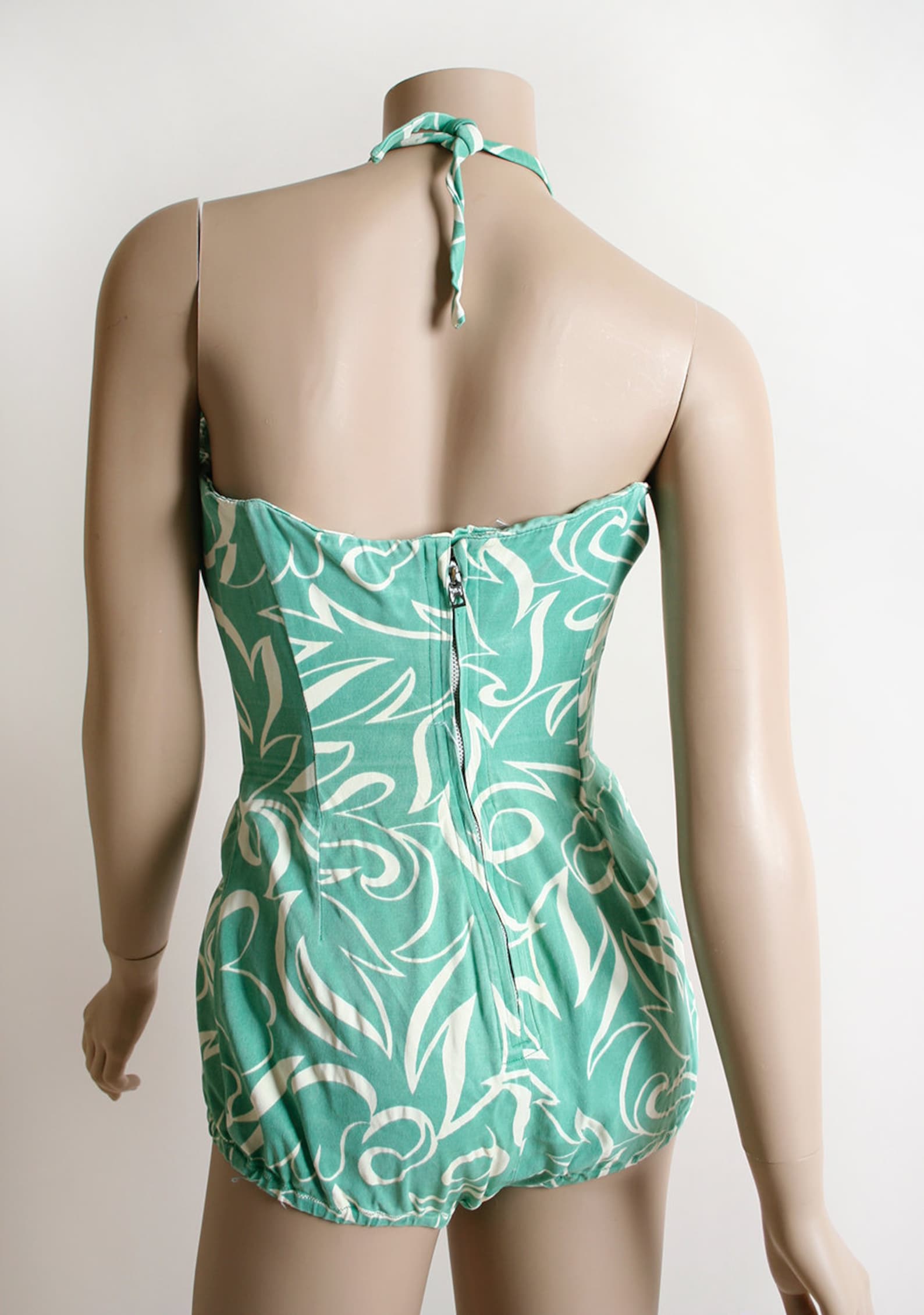 Vintage 1940s Bathing Suit - 1950s Mint Jade Green & White Swirl Print ...