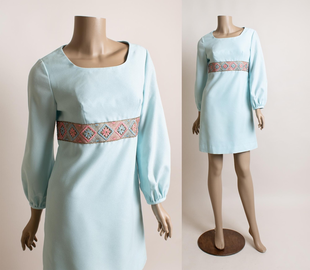 Vintage 1960s Baby Blue Mini Dress - Long Puff Sleeves Spring Pastel ...