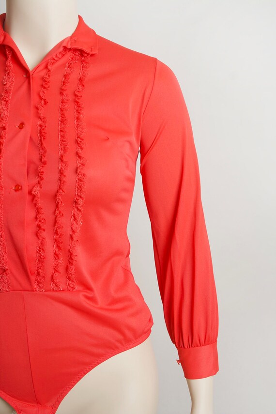 Vintage 1970s Nylon Bodysuit Bright Cherry Red Tuxe Gem