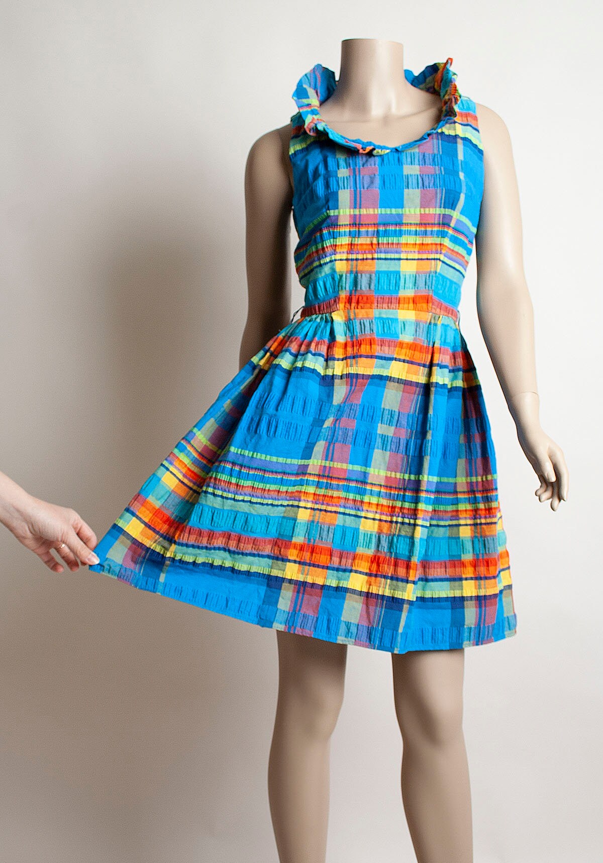 Vintage 1960s Mini Dress - Bright Blue Rainow Plaid Dolly Dress With ...