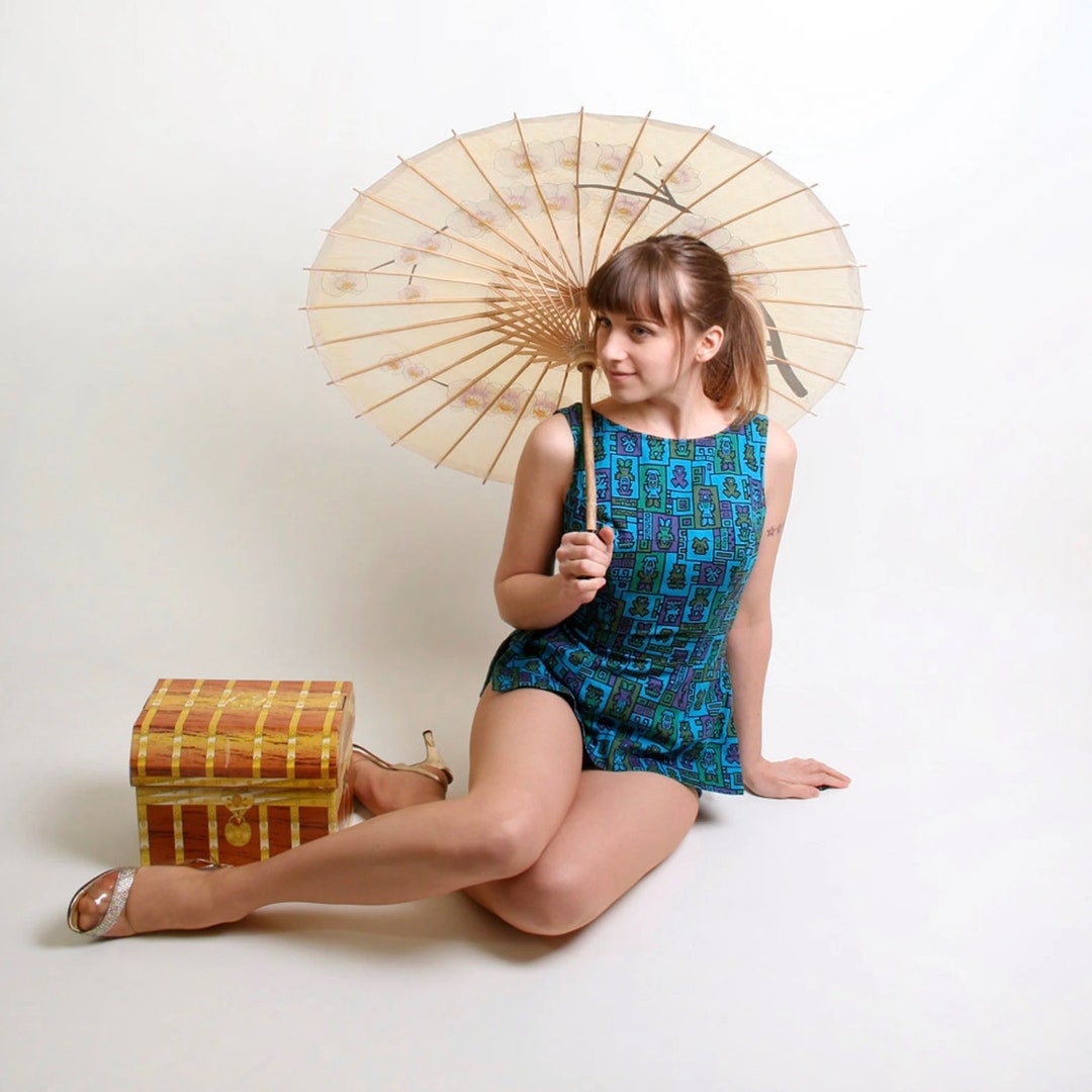 1950s Bathing Suit by Petti Aztec Tiki Skirted Swimwear Swim Teal Blue ...