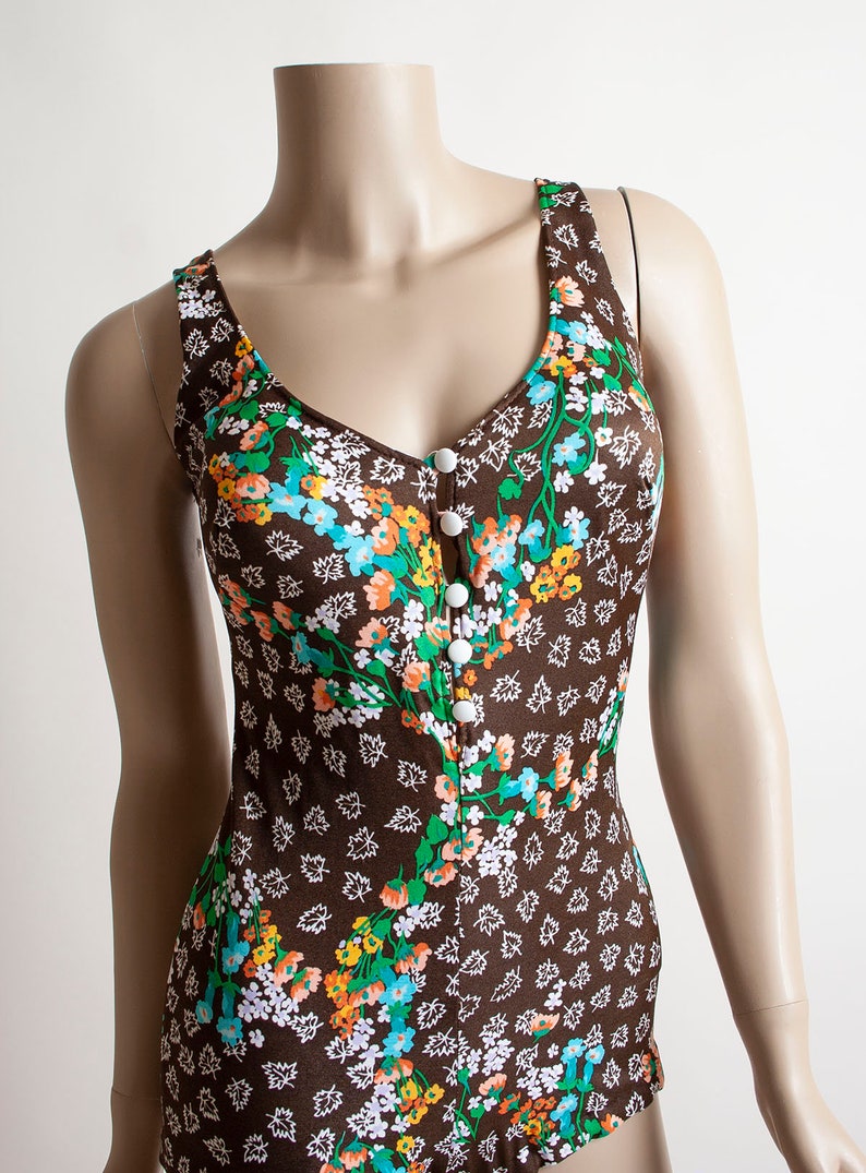 Vintage 1970s Bathing Suit - Brown Floral Print Autumn Leaf Print One ...