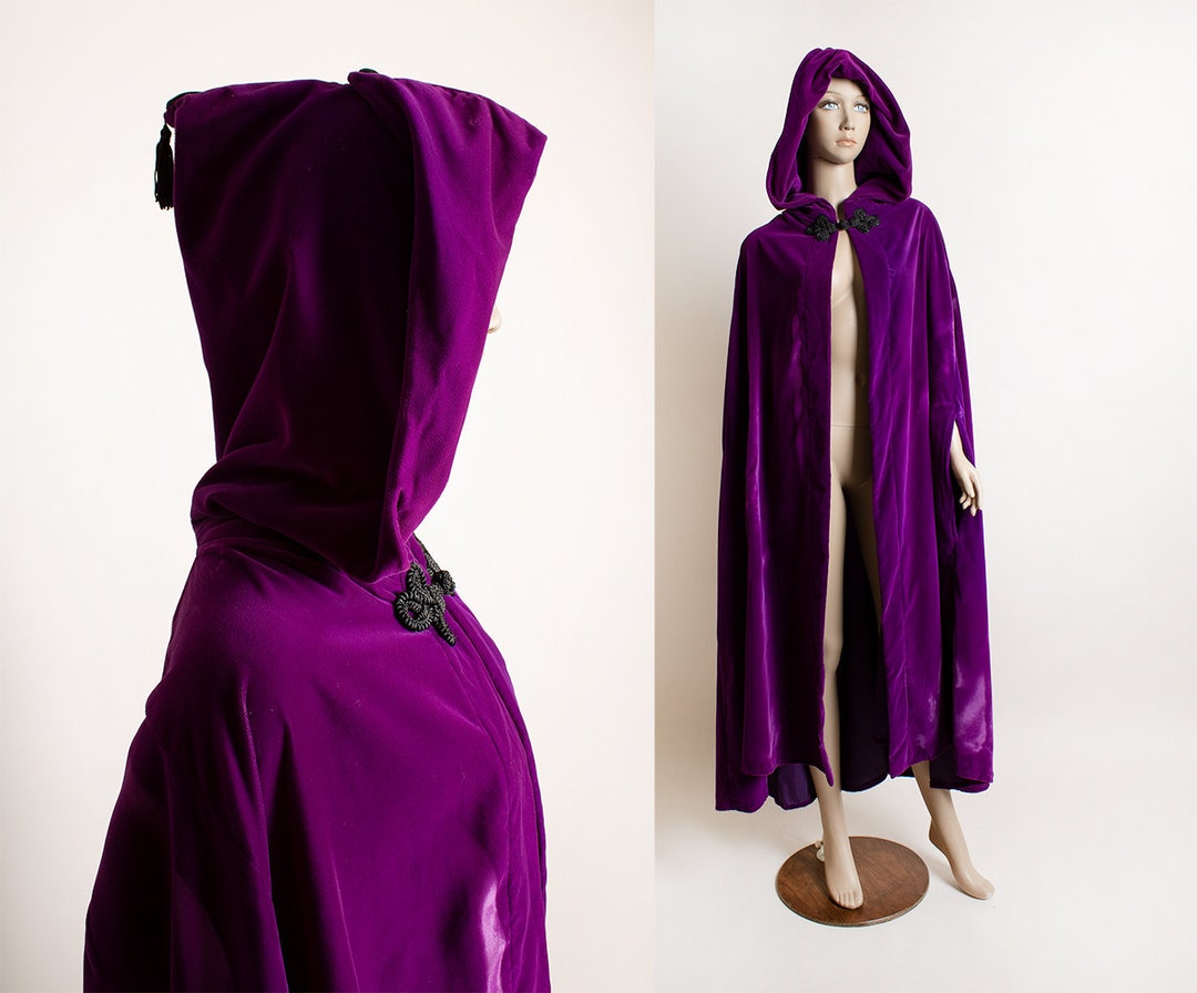 Vintage Dark Purple Velvet Hooded Cape - Long Maxi Length Black Frog ...