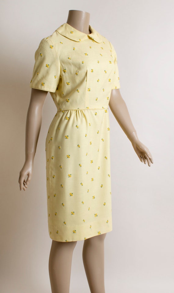 Vintage 1960s Lemon Yellow Day Dress - Embroidered Fl… - Gem