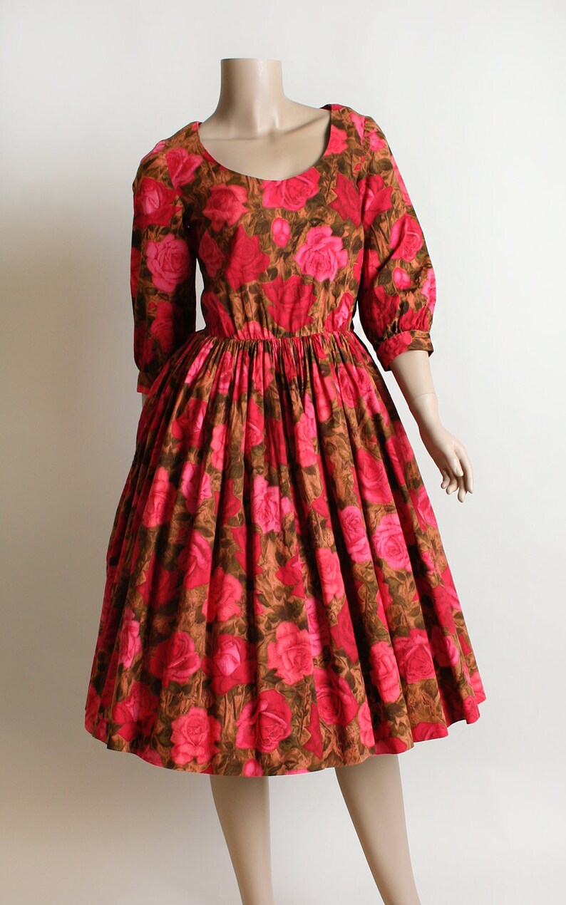 Vintage 1950s Rose Print Dress - Early 1960s Cotton Floral Print Pink ...