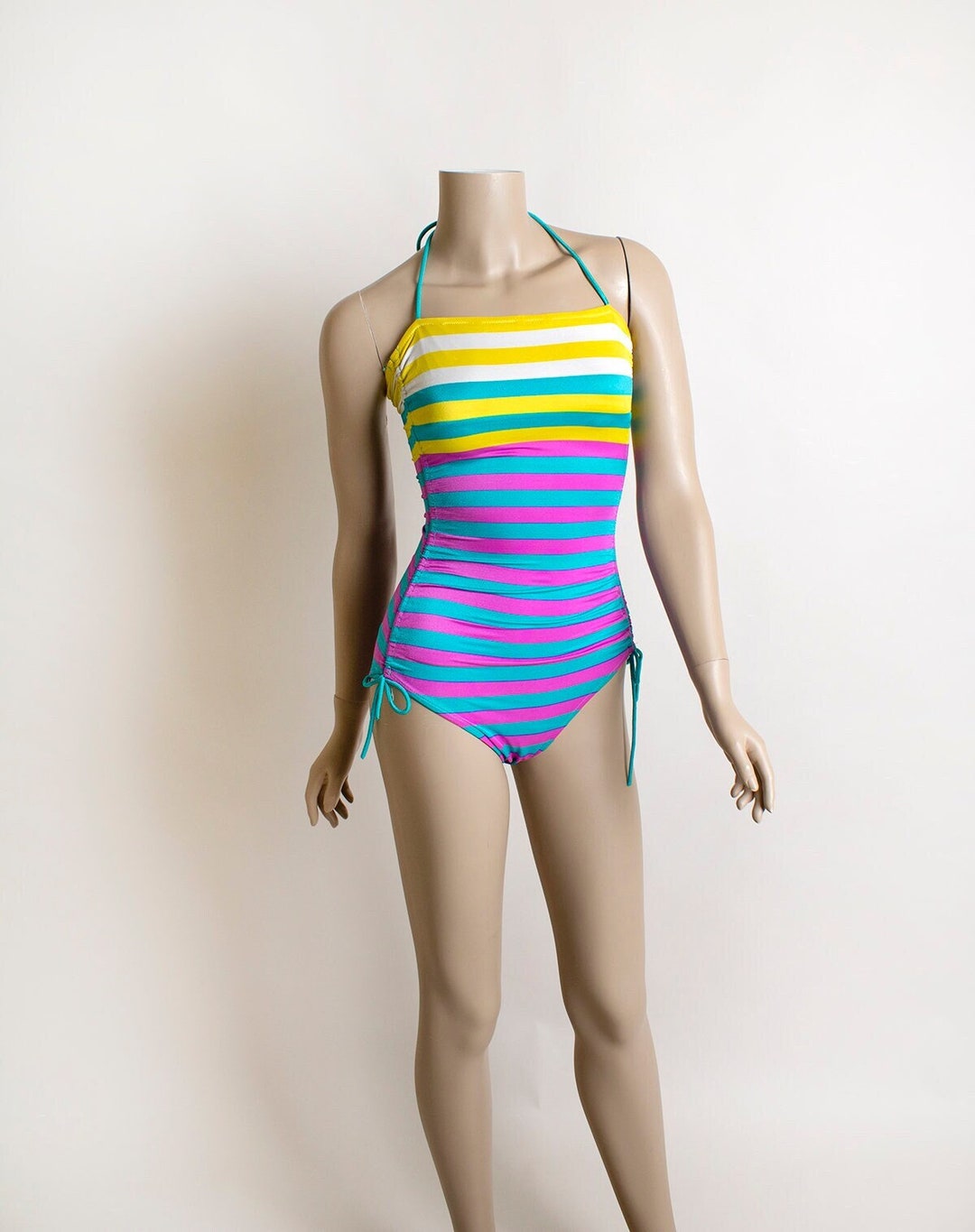 Vintage 1980s Neon Striped Ombre Bathing Suit - Halter Tie or Strapless ...