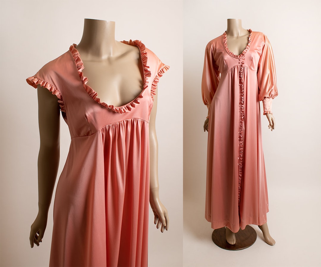 Vintage Peach Rose Peignoir Set Maxi Duster Robe and Slip Dress Puff ...