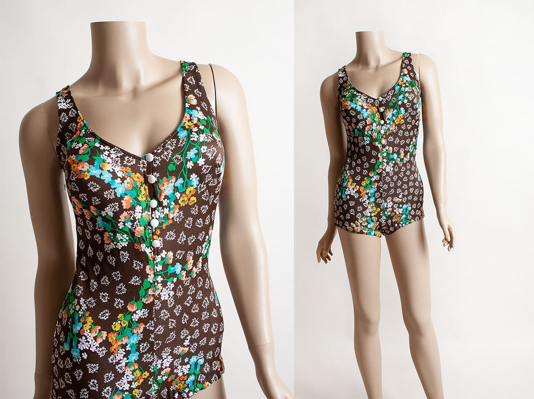 Vintage 1970s Bathing Suit - Brown Floral Print Autumn Leaf Print One ...