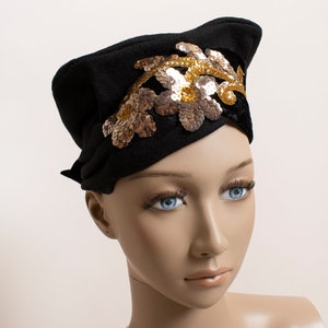 Vintage 1940s Hat - Black Square Felt With Velvet & Gold Flower Sequins ...