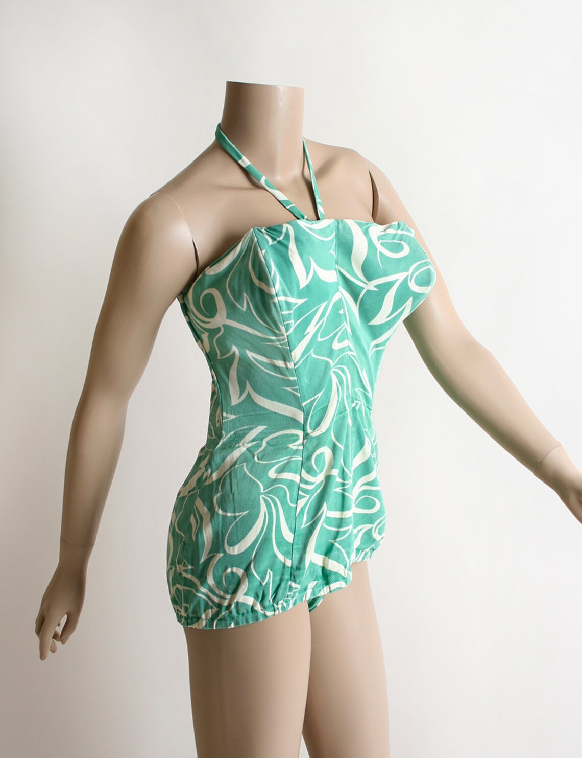 Vintage 1940s Bathing Suit - 1950s Mint Jade Green & White Swirl Print ...