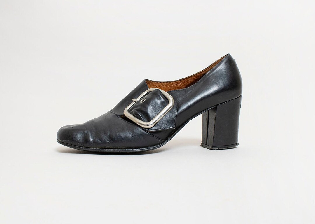 Vintage 1960s Black Leather Big Buckle Chunky Heels Pilgrim Style 60s ...